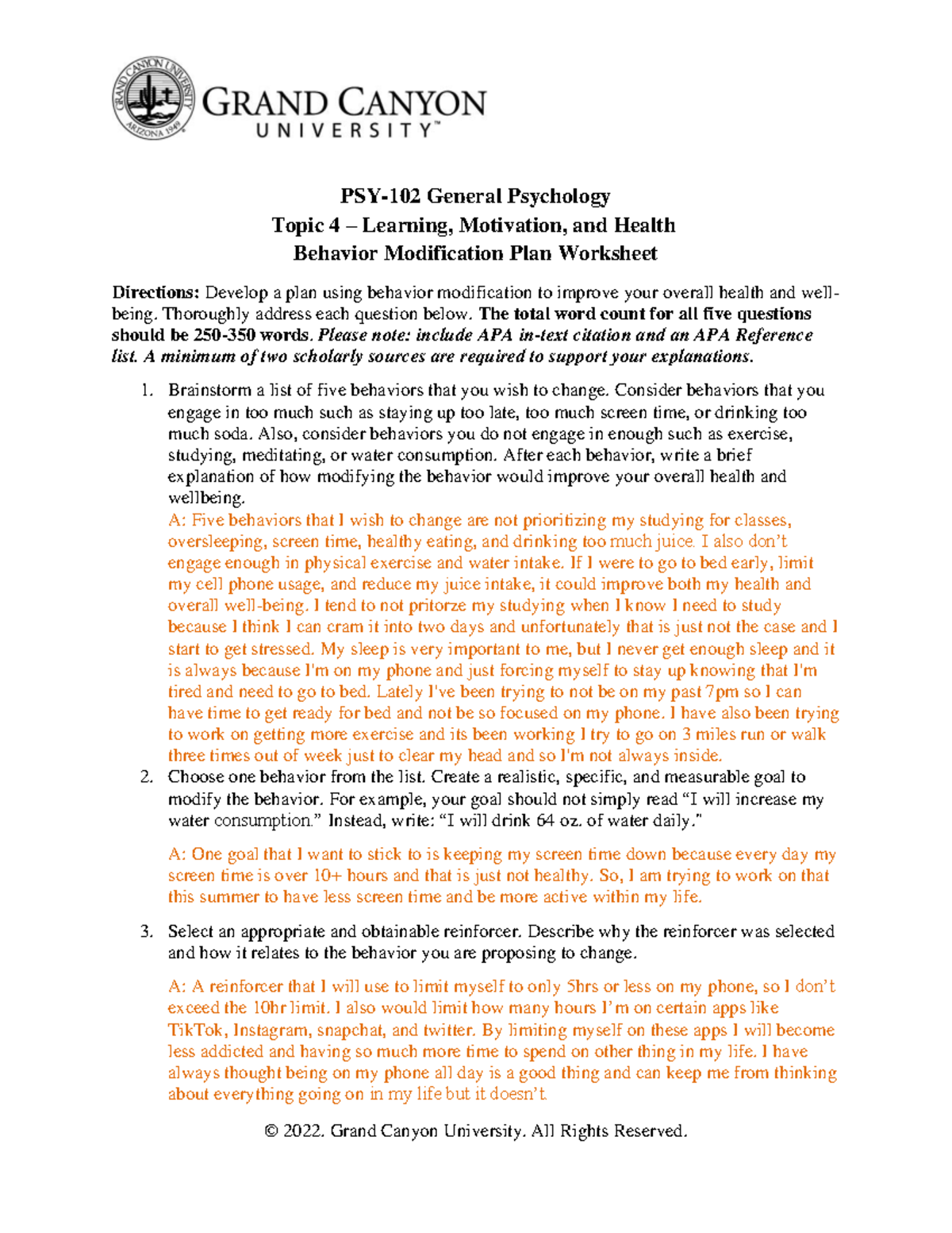 PSY102 -Behavior Modification Plan - © 2022. Grand Canyon University ...