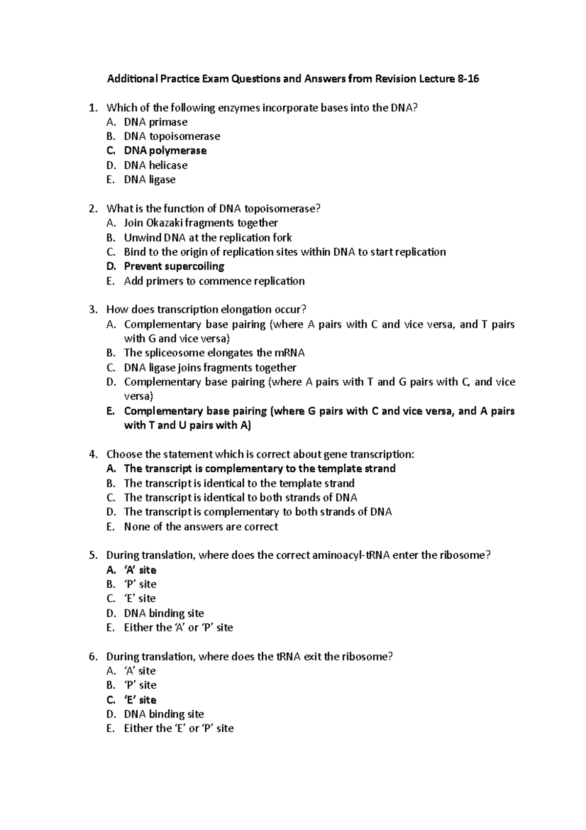 Practice exam questions + answers from Revision Lecture - Additional ...