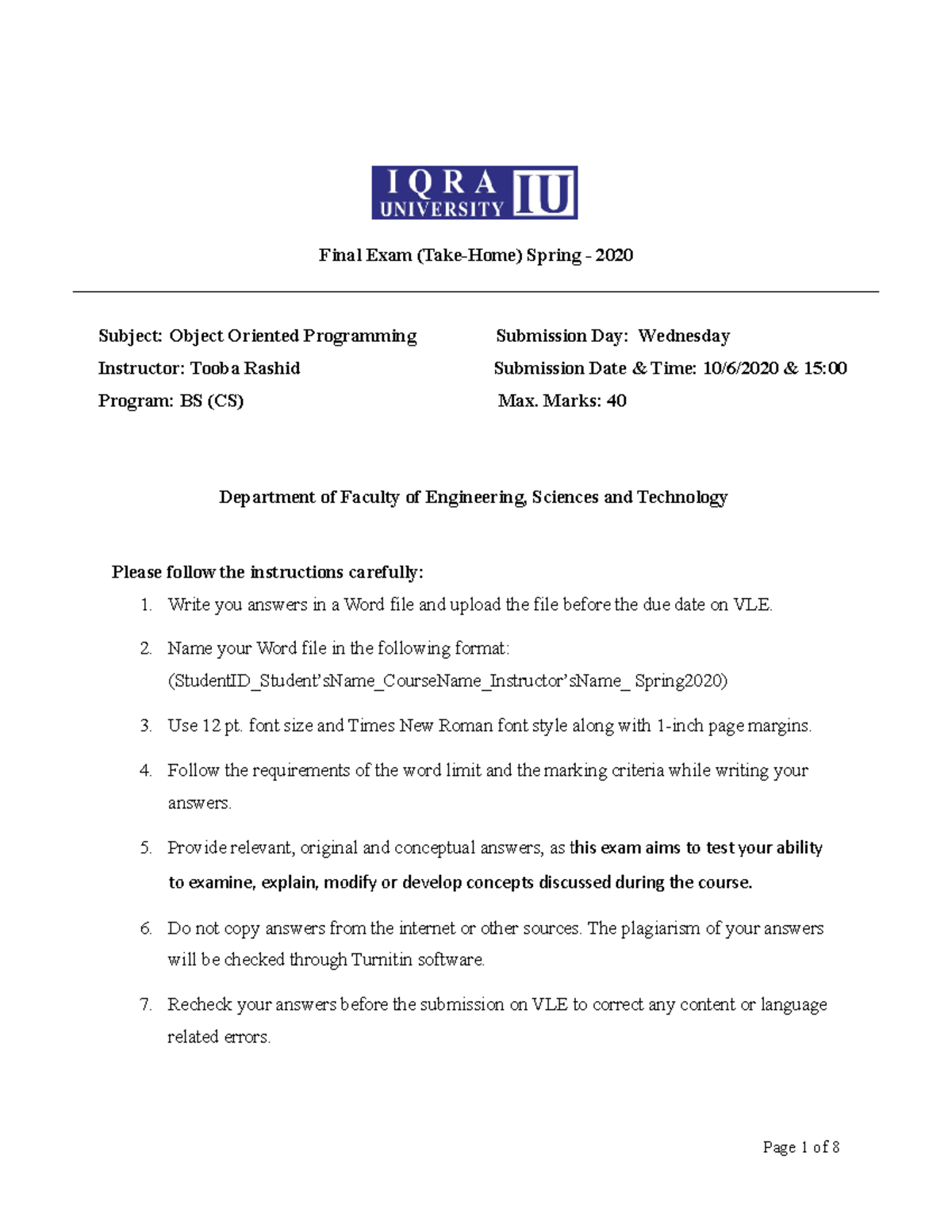 JAva EXAM - i want answer - Final Exam (Take-Home) Spring - 2020 ...