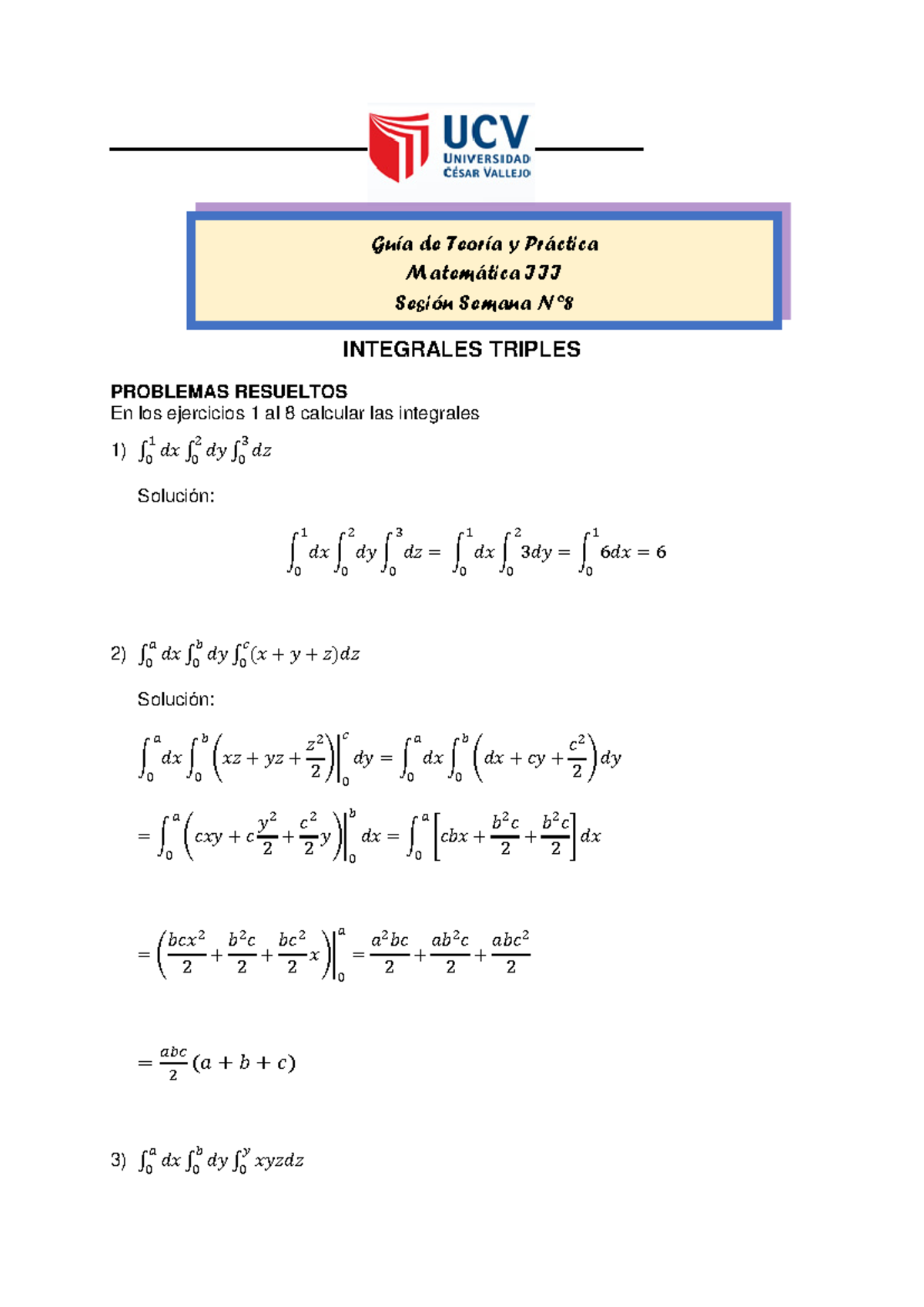 Taller N08 - Matemática - INTEGRALES TRIPLES PROBLEMAS RESUELTOS En los ...