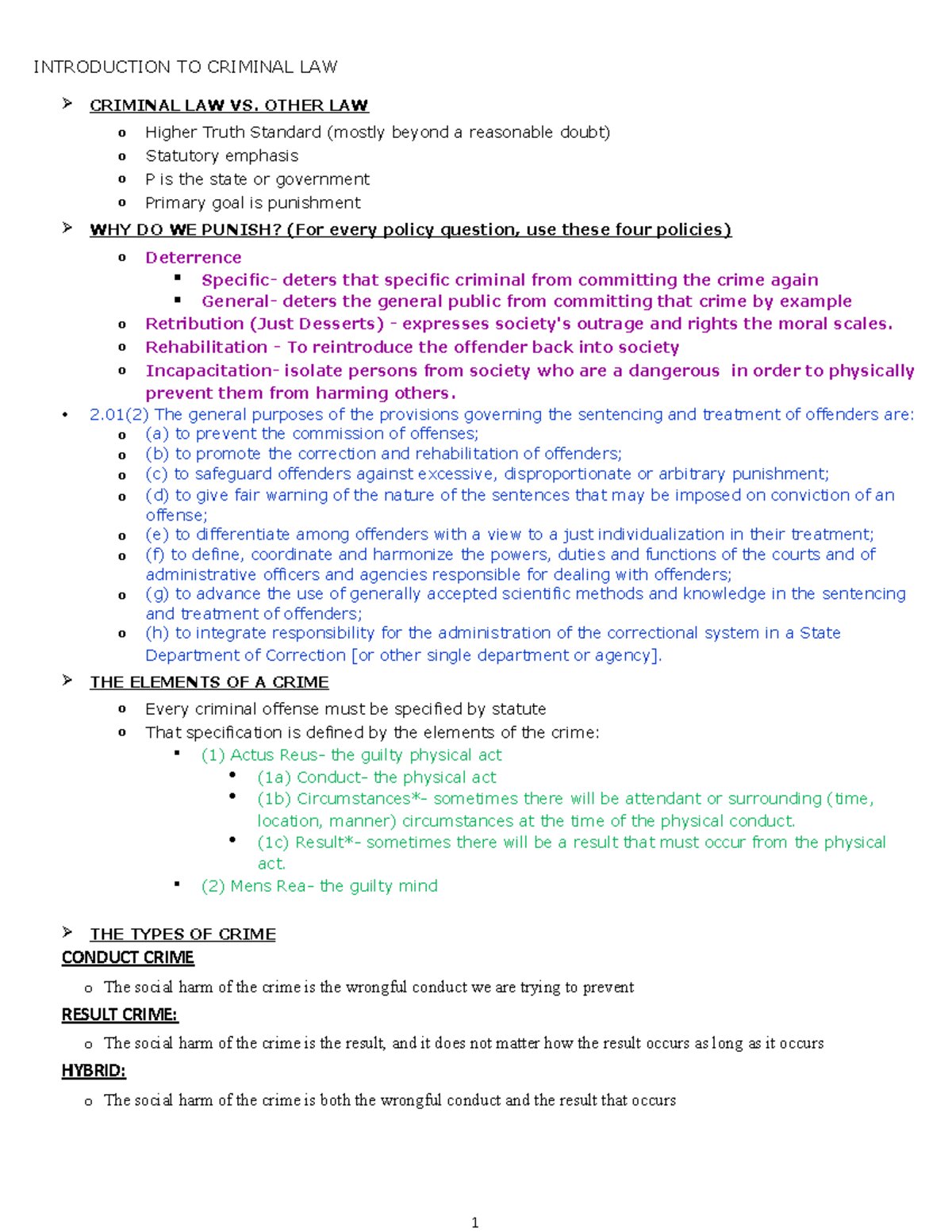 Criminal Law Outline 2 - Lecture notes Entire Semester - INTRODUCTION ...