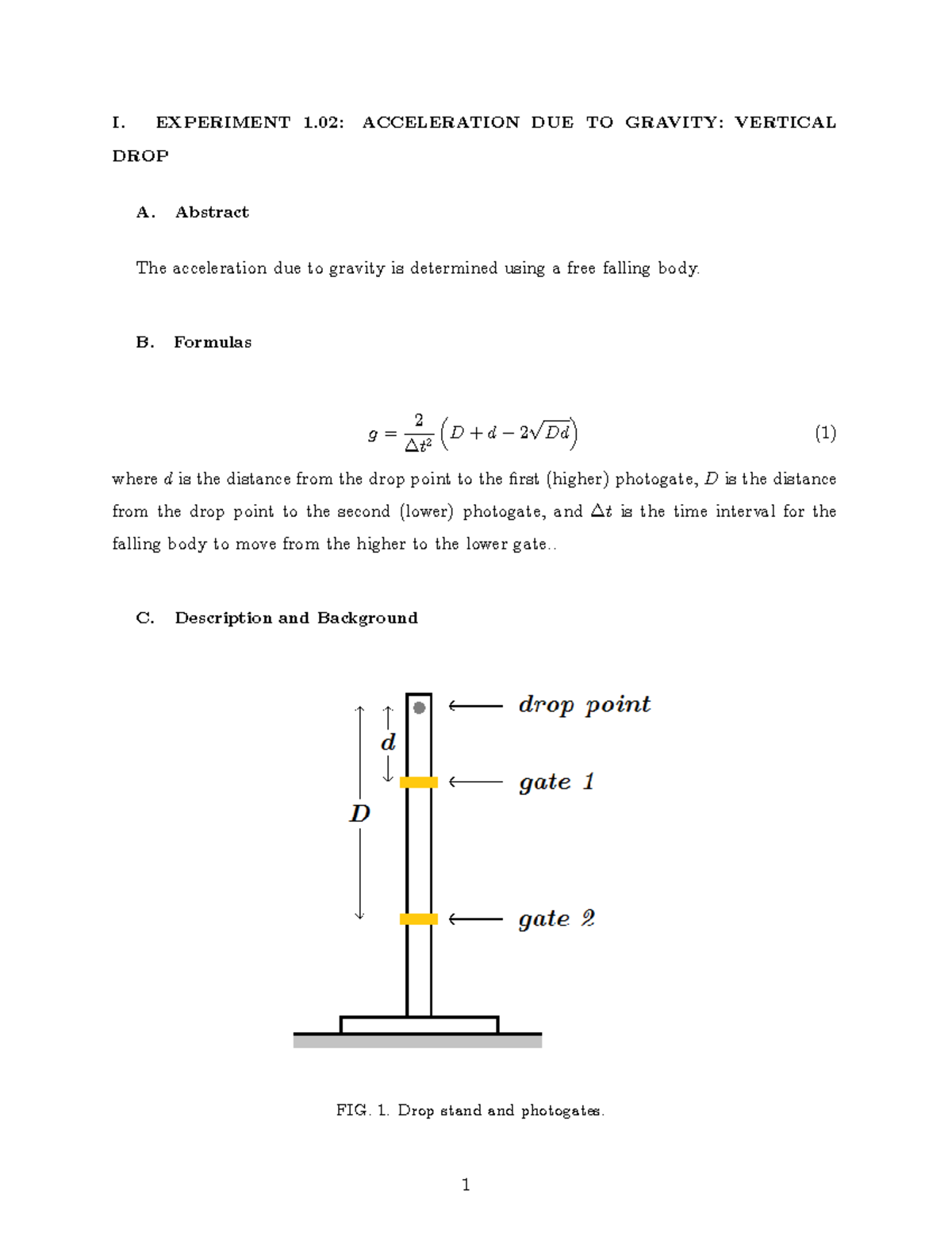 Experiment Acceleration Due To Gravity Vertical Drop I Experiment