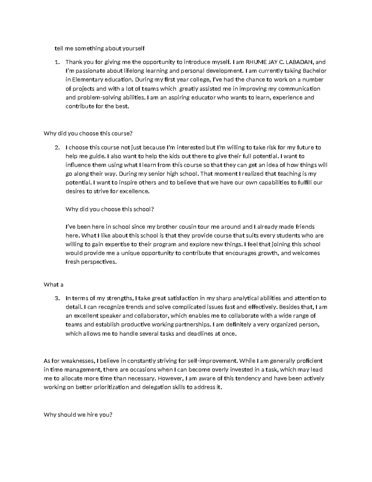 Mock interview questions - tell me something about yourself Thank you ...