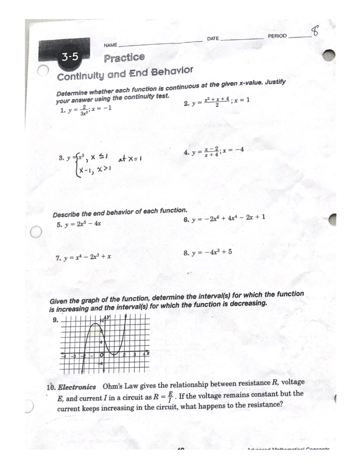 Continuity (use) end behavior WS - 8 DATE PERIOD NAME Practice Continuity and End Behavior ...