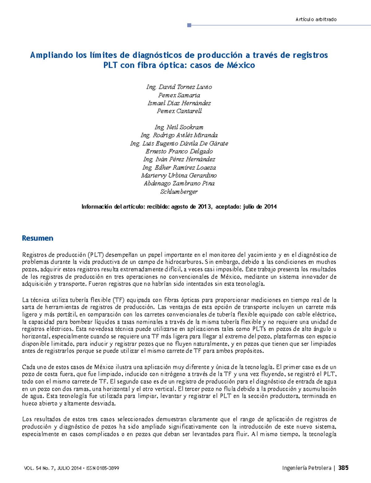 Artículo PLT - MATERIAL - VOL. 54 No. 7, J U LIO 2014 · ISSN 0185-3899 ...