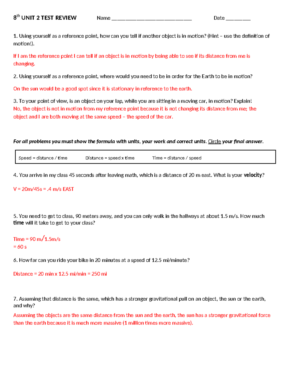 8th unit 2 test review Answer KEY - 8 th UNIT 2 TEST REVIEW Name