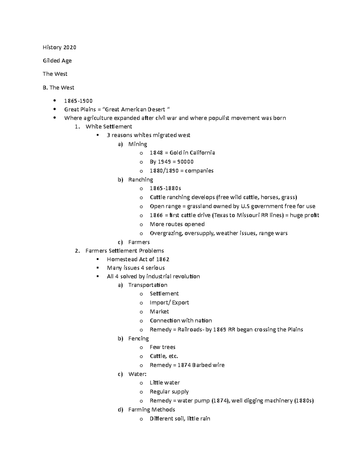 Gilded Age The West - Notes - History 2020 Gilded Age The West B. The ...
