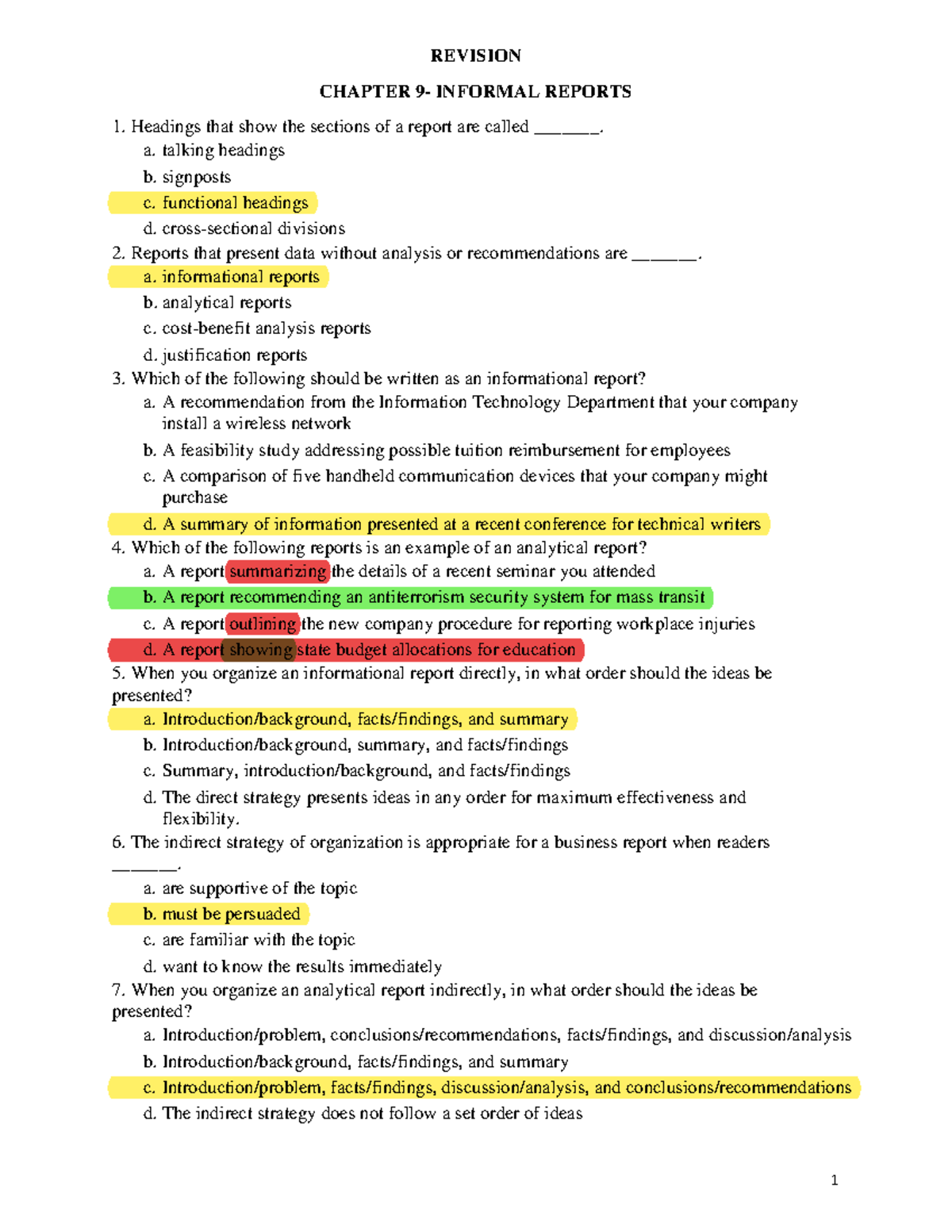 Revision Chap 9 - 1 REVISION CHAPTER 9 - INFORMAL REPORTS Headings that ...