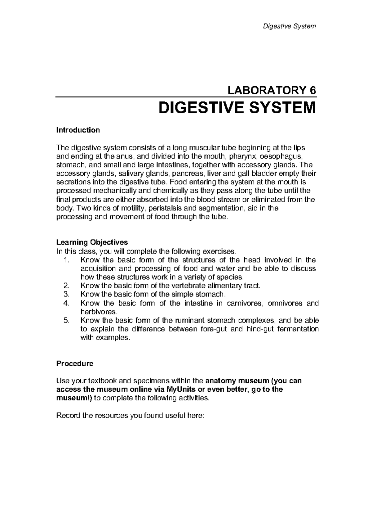 L6 Digestion 2023 - ANS102 - LABORATORY 6 DIGESTIVE SYSTEM Introduction ...