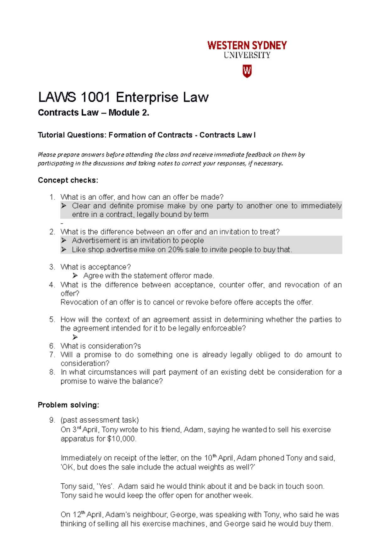Contract I - LAWS 1001 Enterprise Law Contracts Law – Module 2 ...