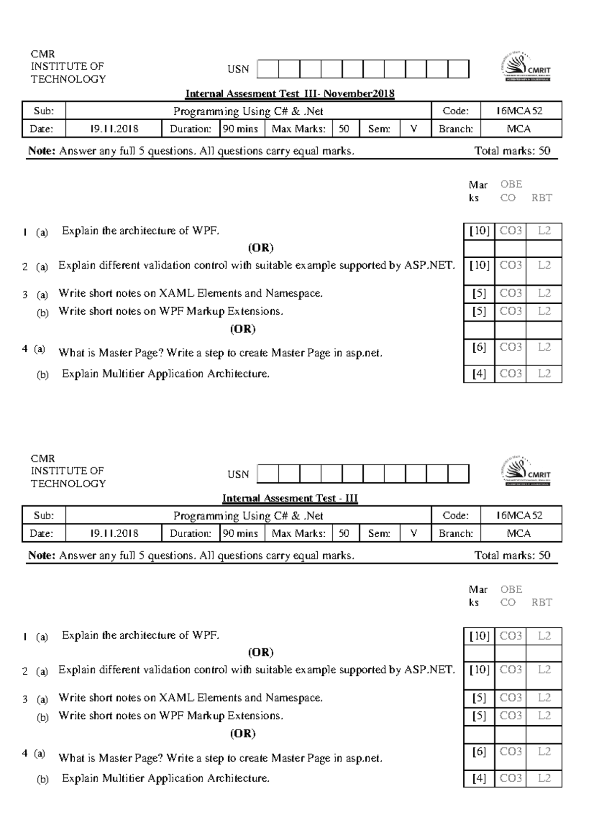 IAT-III Question Paper with Solution of 16MCA52 Programming Using C# ...