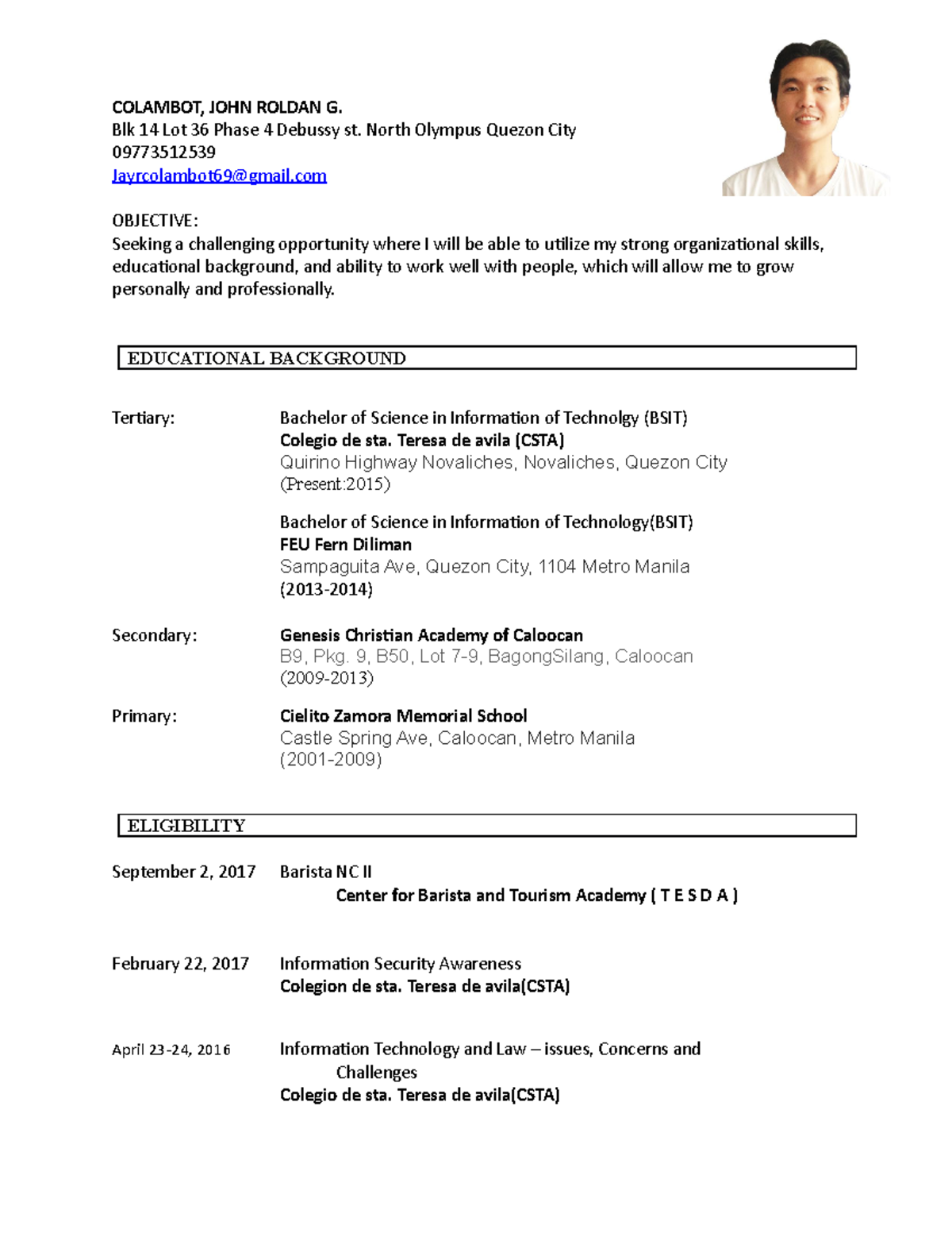 JE- Colambot - john roldan aquines - COLAMBOT, JOHN ROLDAN G. Blk 14 Lot 36 Phase 4 Debussy st ...