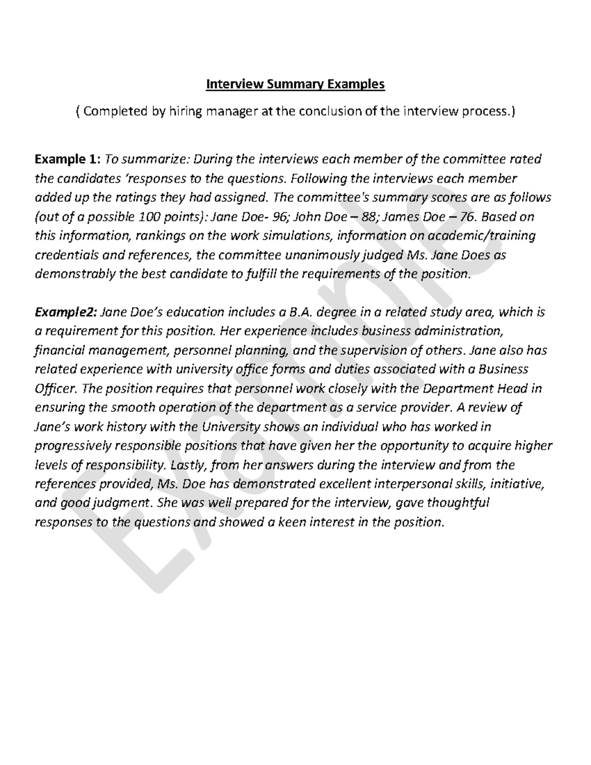 Interview Selection Summary Example - Interview Summary Examples ...