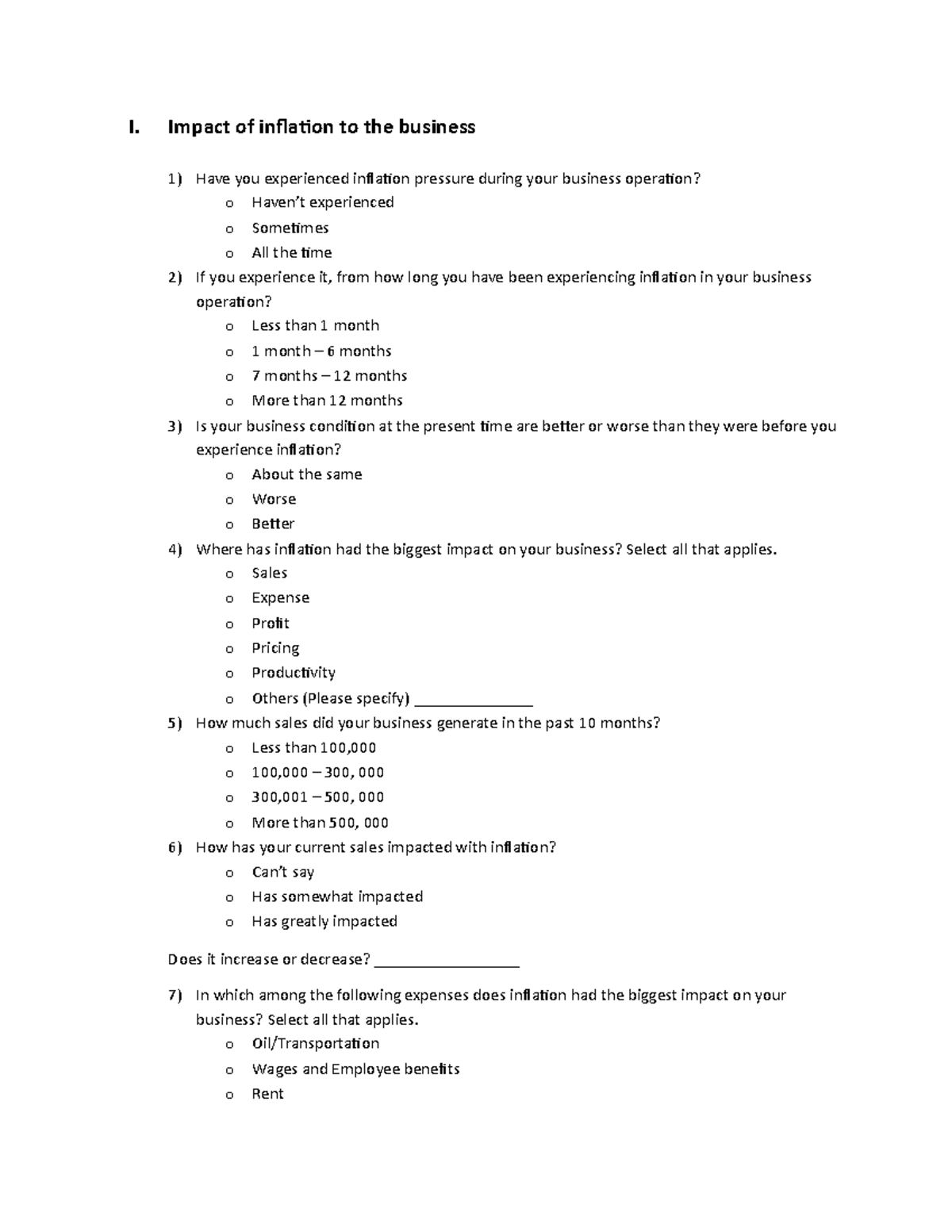 Questionnaire-I - wergtb - I. Impact of inflation to the business Have ...
