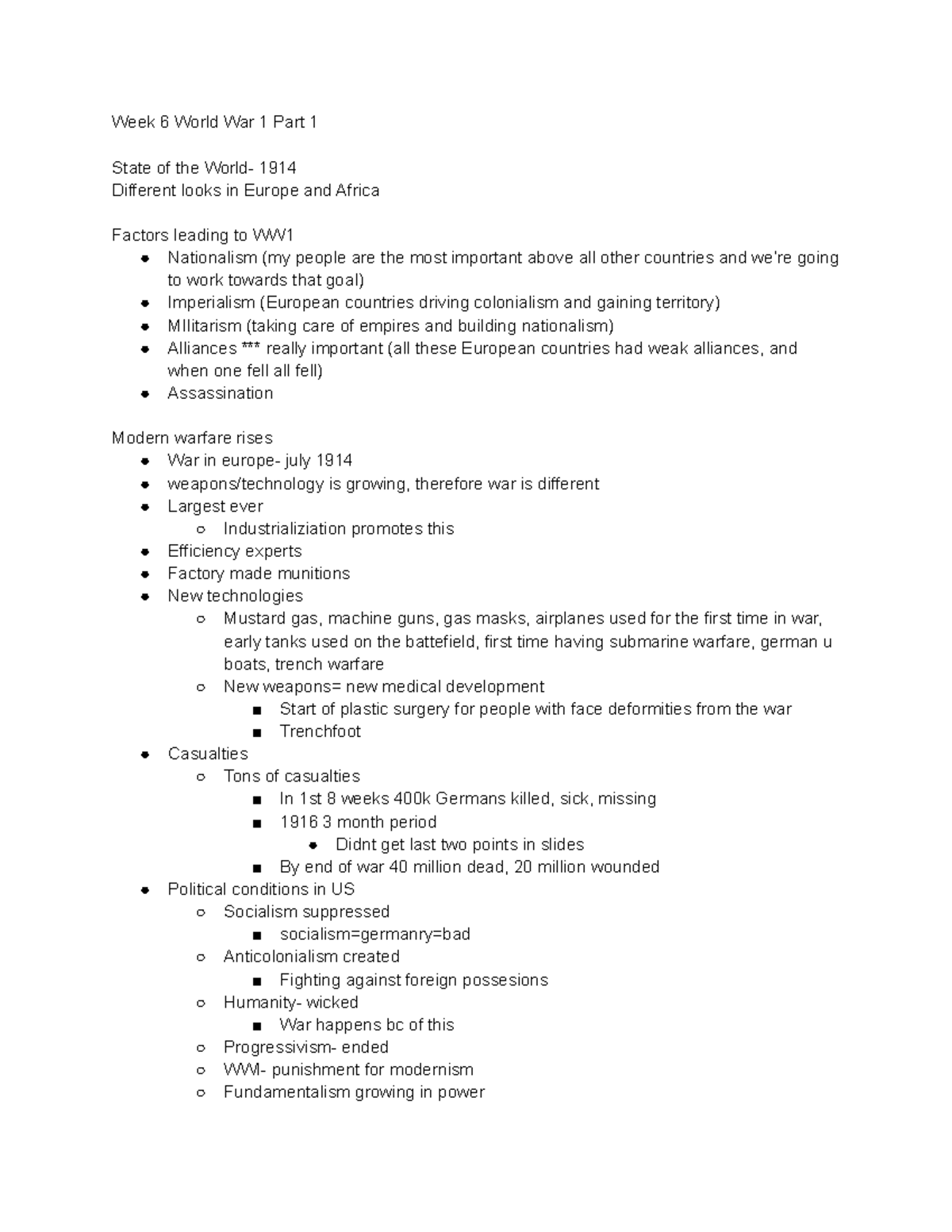 Week 6 World War 1 Pt - lecture notes - Week 6 World War 1 Part 1 State ...