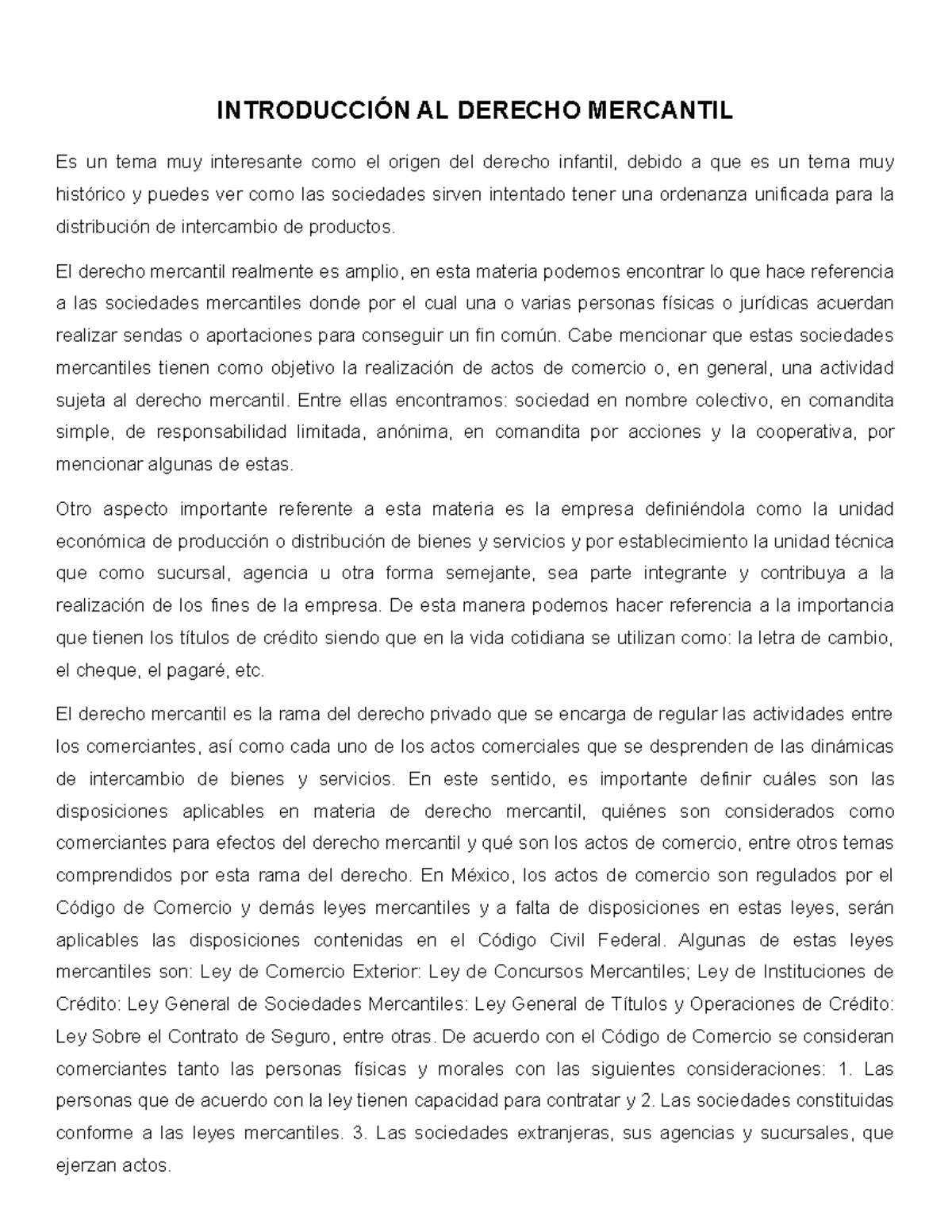 Documento (1) - introduccion al derecho mercantil - INTRODUCCIÓN AL DERECHO MERCANTIL Es un tema ...