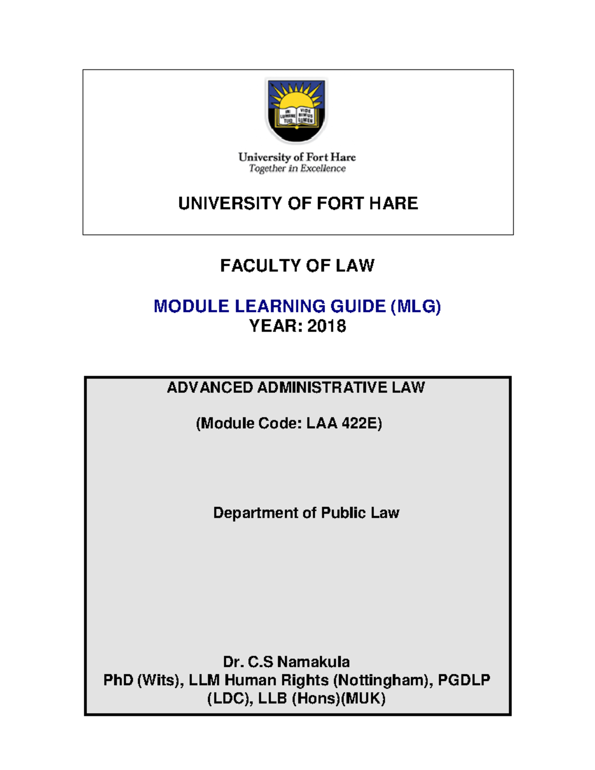 Advanced Administrative LAW Module Learning Guide 2018 - FACULTY OF LAW ...