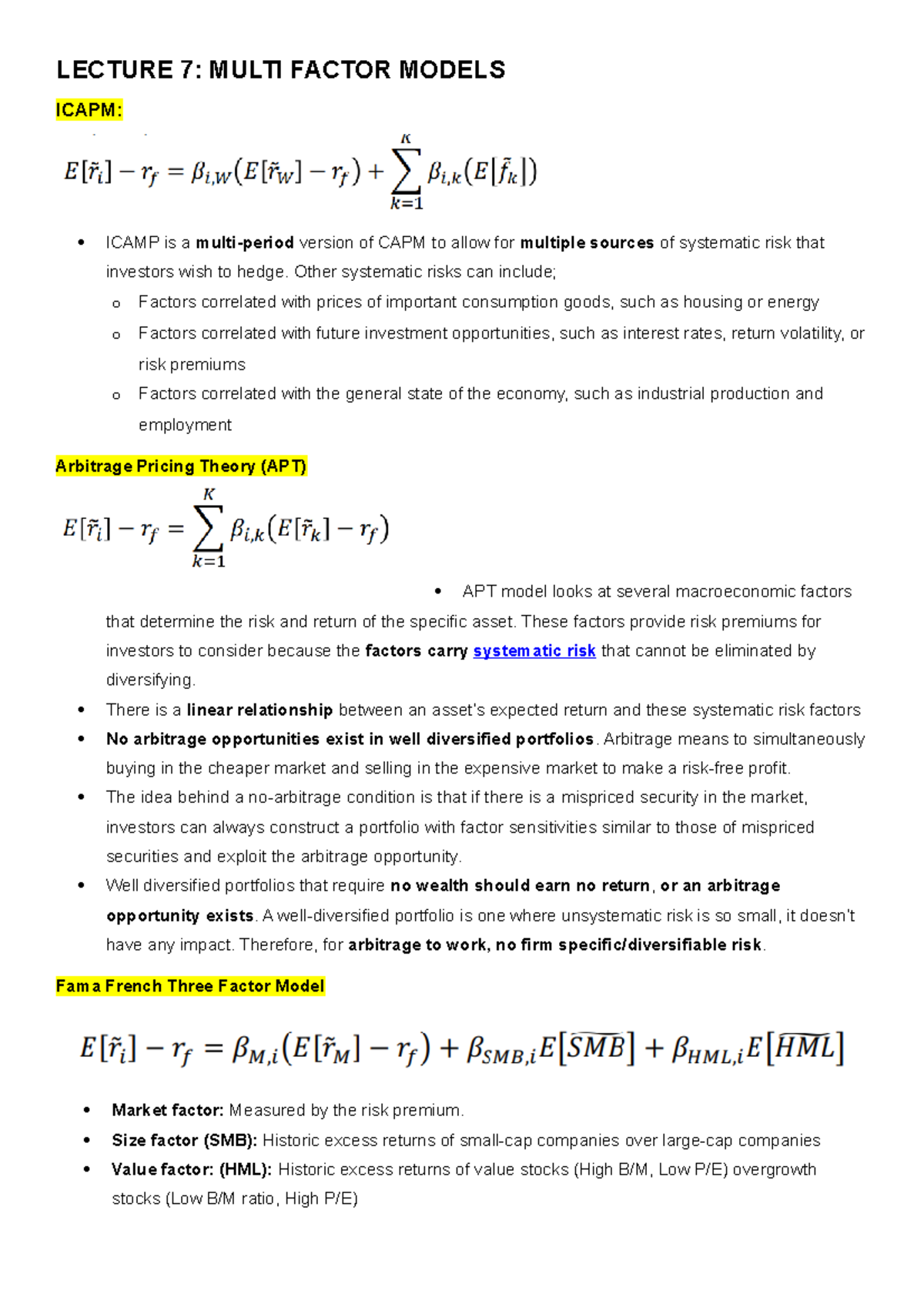 L7 Course Notes - LECTURE 7: MULTI FACTOR MODELS ICAPM: ICAMP is a ...