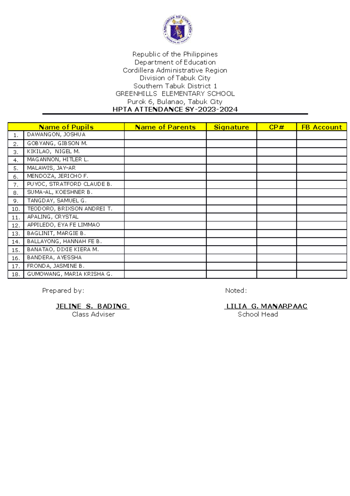 HPTA Attendance - ,fgkhgdhjgfth - Republic of the Philippines ...