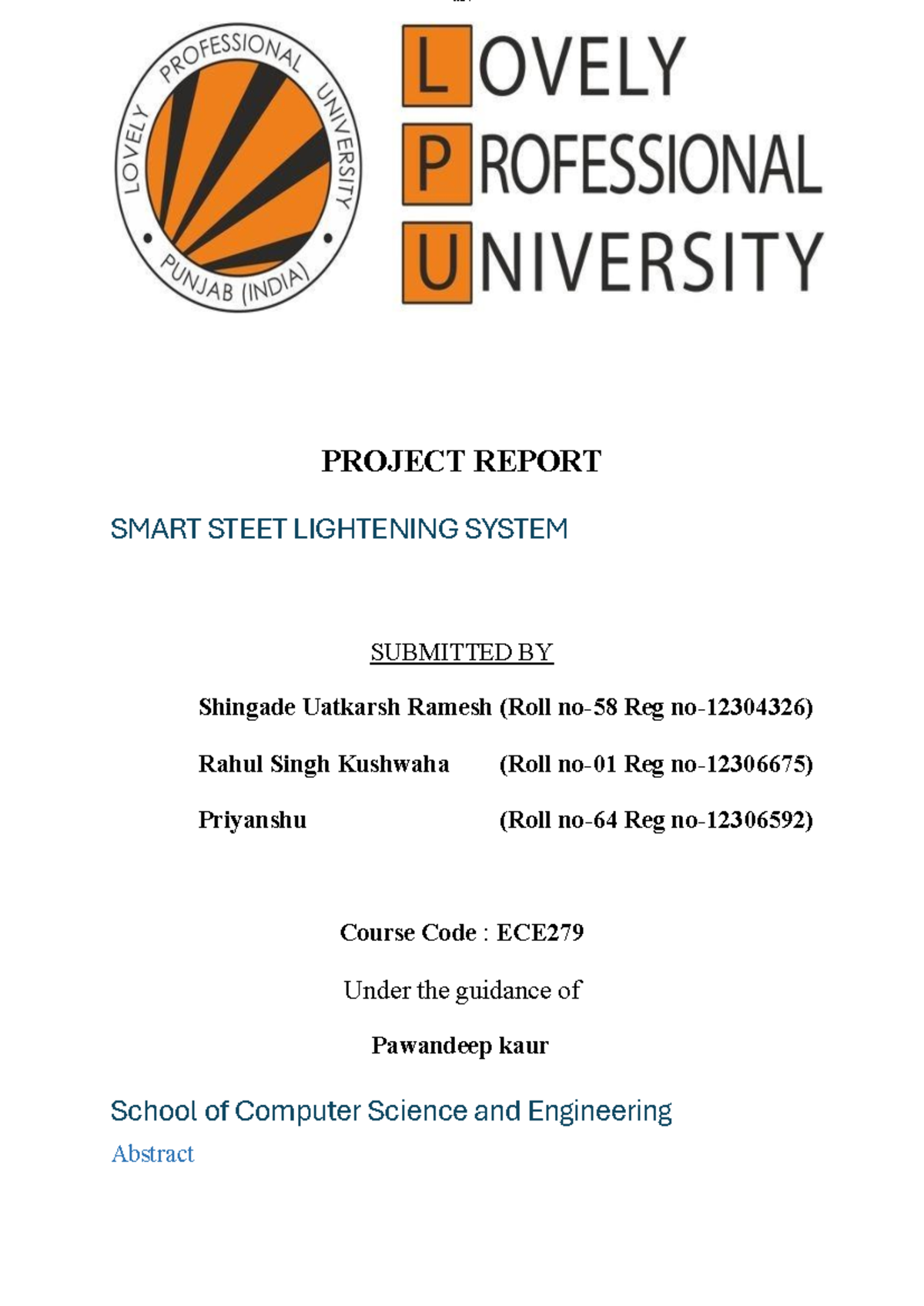 Project Report - PROJECT REPORT SMART STEET LIGHTENING SYSTEM SUBMITTED BY Shingade Uatkarsh ...