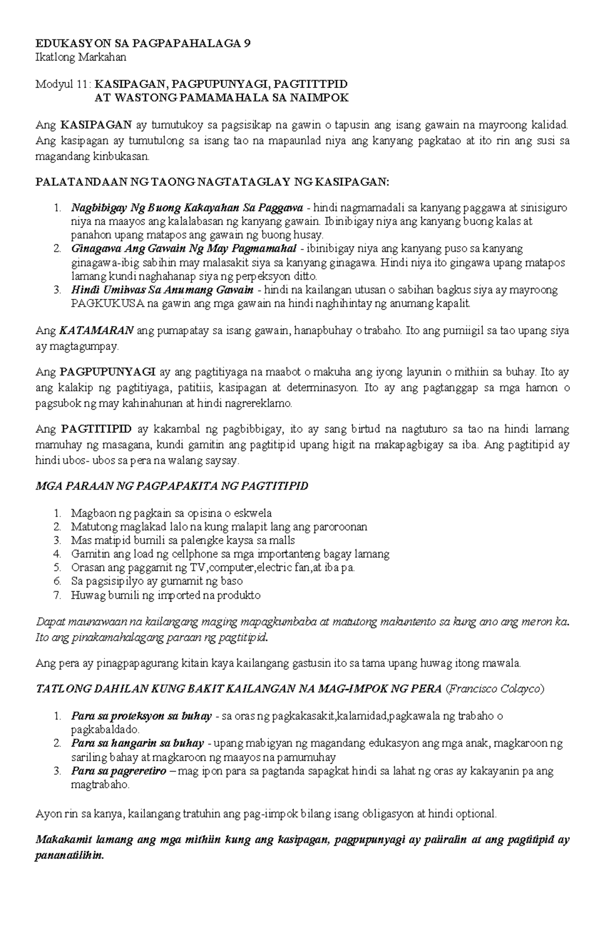 Modyul 11 Kasipagan Pagpupunyagi Pagtitipid at Wastong Pag iimpok ...