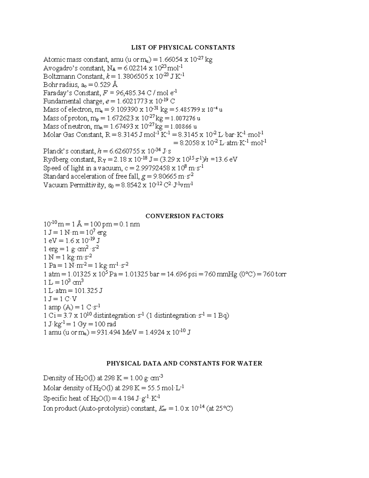 Formula sheet Exam 1 - LIST OF PHYSICAL CONSTANTS Atomic mass constant ...