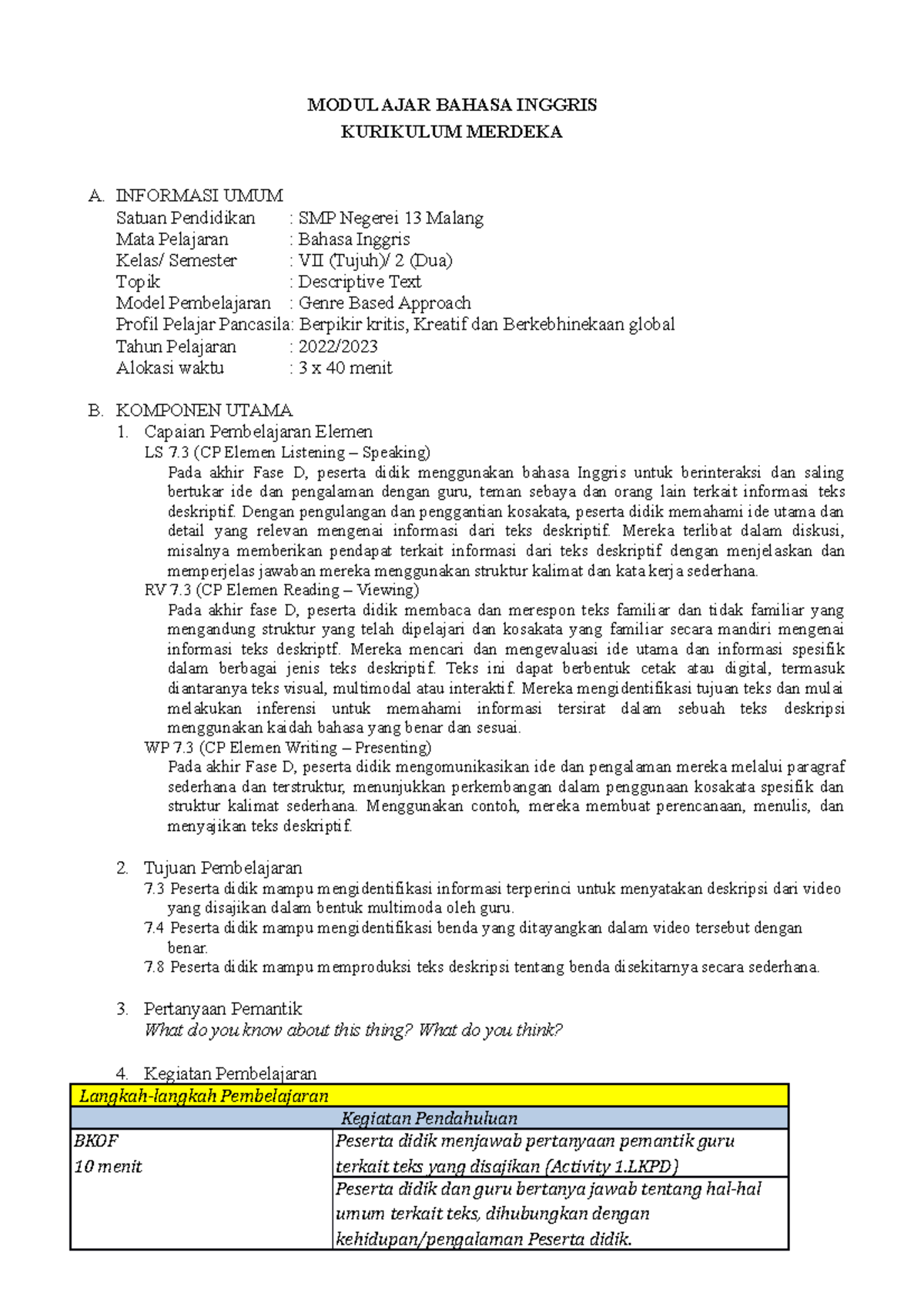 Modul Ajar Descriptive Text 3 MODUL AJAR BAHASA INGGRIS KURIKULUM