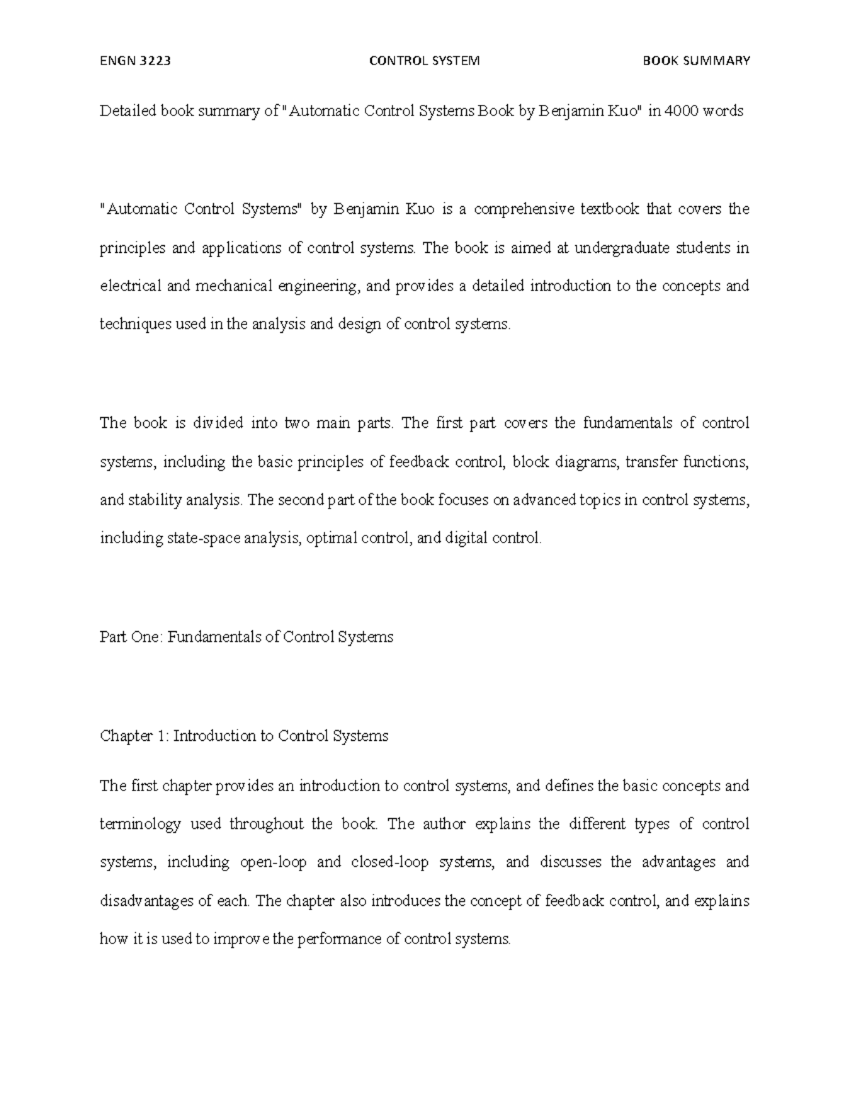 Detailed book summary of Automatic Control Systems - The book is aimed at undergraduate students ...