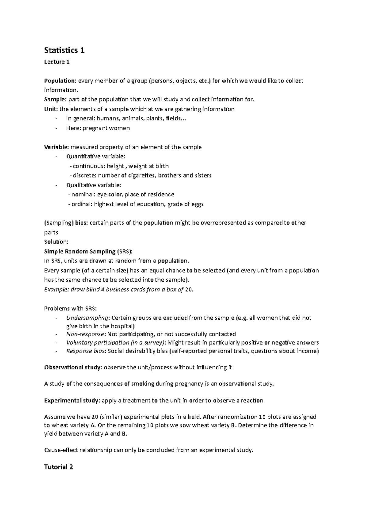 Statistics 1, tutorial 1,2,3 - Statistics 1 Lecture 1 Population: every member of a group ...