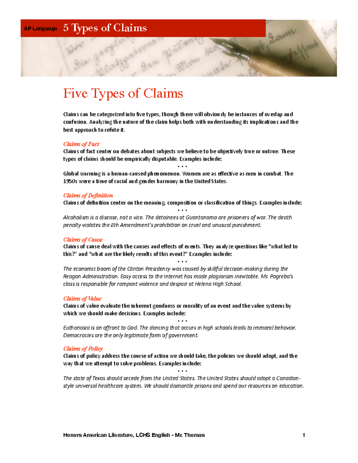 5 types of claims - AP Language Five Types of Claims Claims can be ...