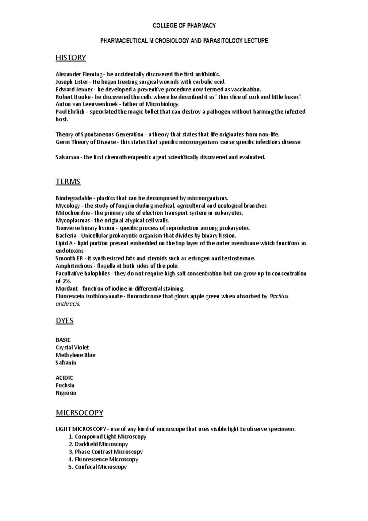 Summarized Reviewer - Pharmaceutical Microbiology and Parasitology ...