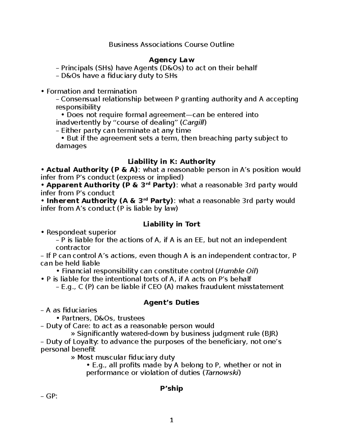 Business Associations Course Outline - , C (P) can be liable if CEO (A ...