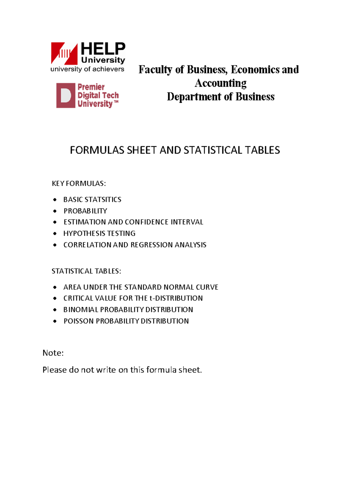 Formula sheet Statistical table - Faculty of Business, Economics and ...