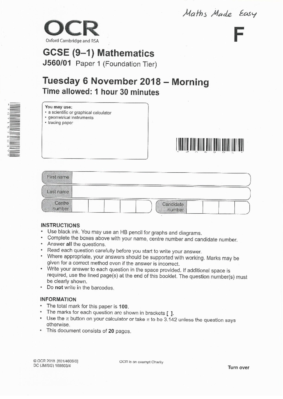 OCR Nov 18 Paper 001 - math lecture notes and practice material and ...