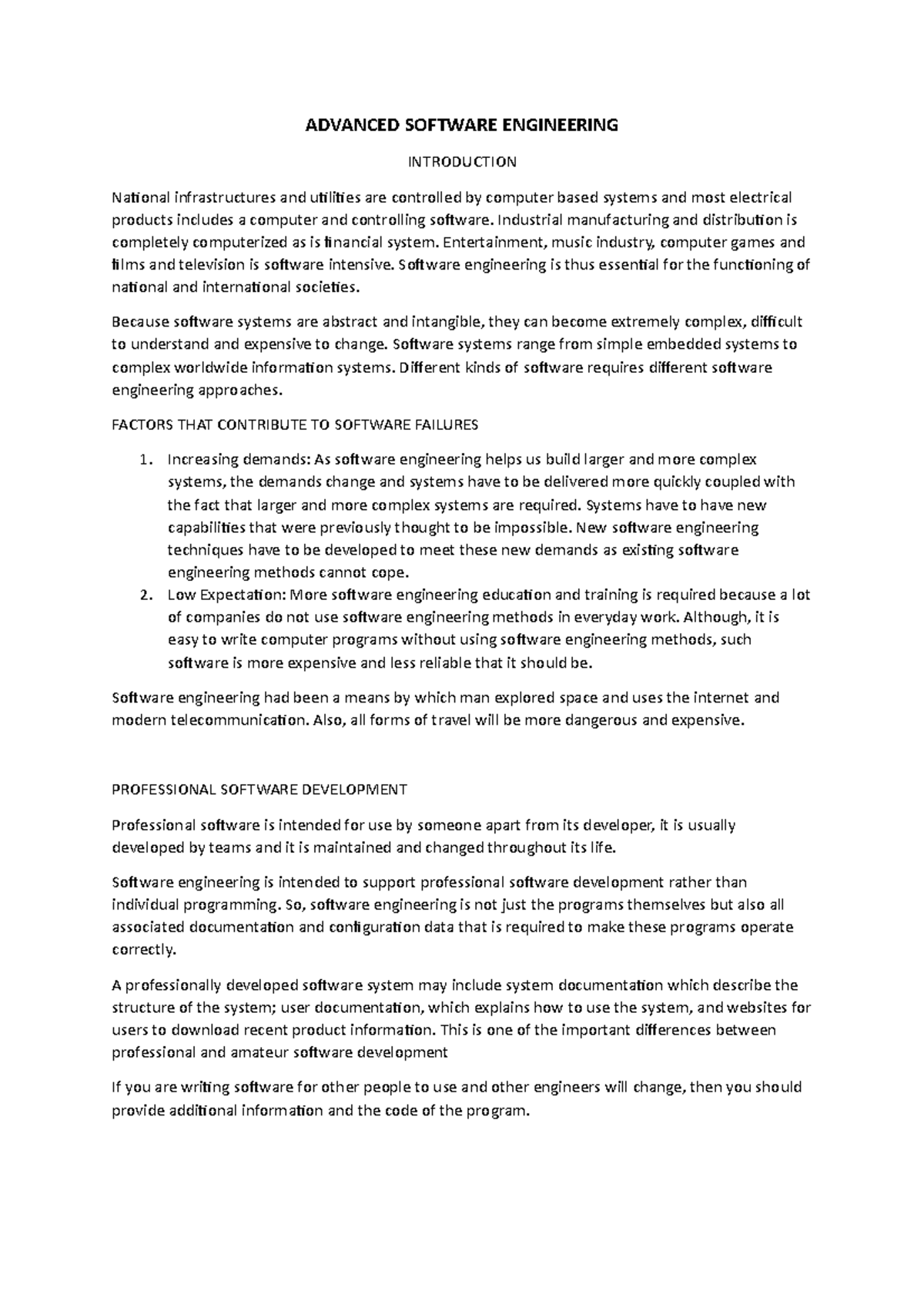 Advanced Software Engineering Summary 1 - ADVANCED SOFTWARE ENGINEERING INTRODUCTION National ...