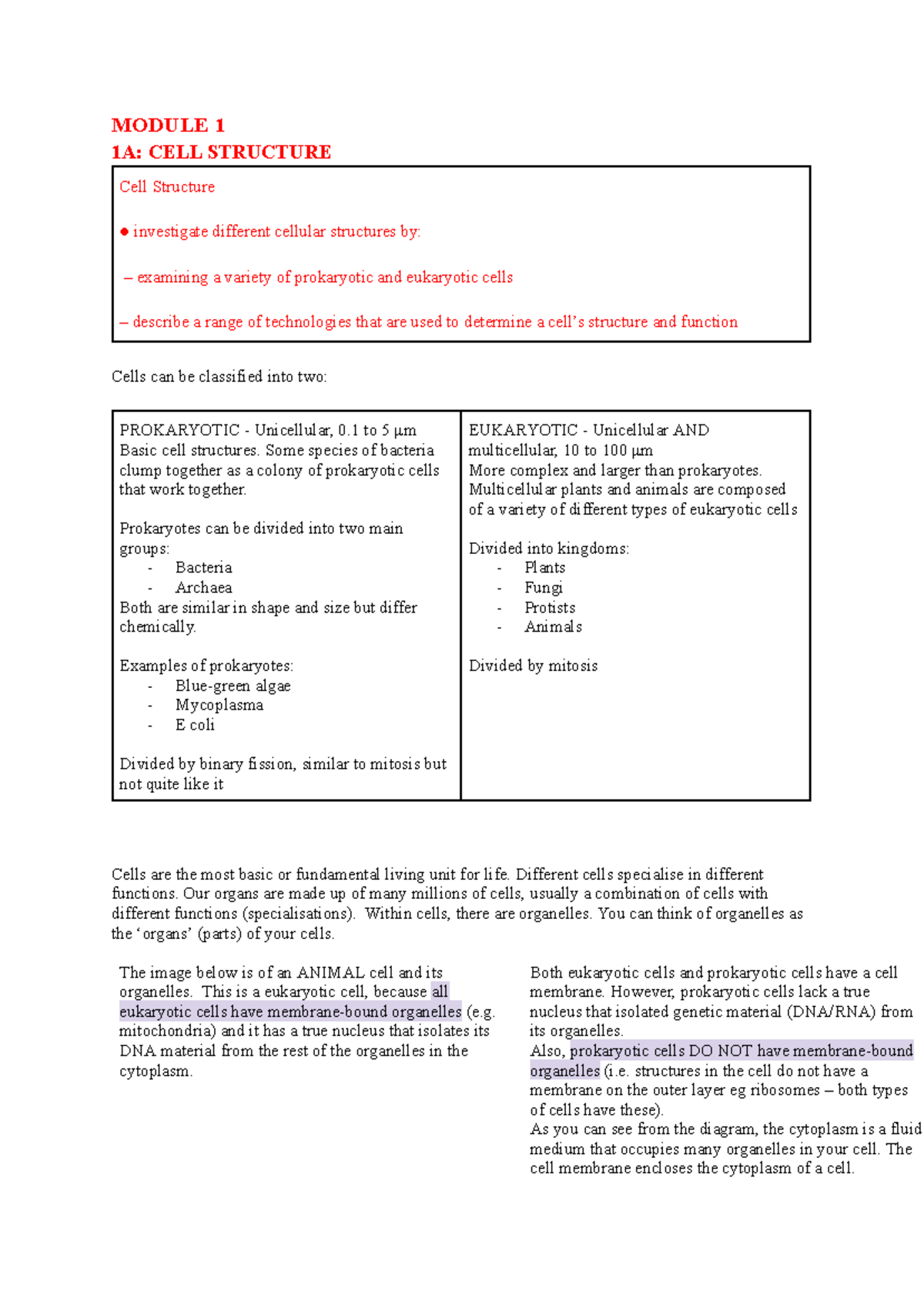 Biology Module 1 - MODULE 1 1A: CELL STRUCTURE Cell Structure ...