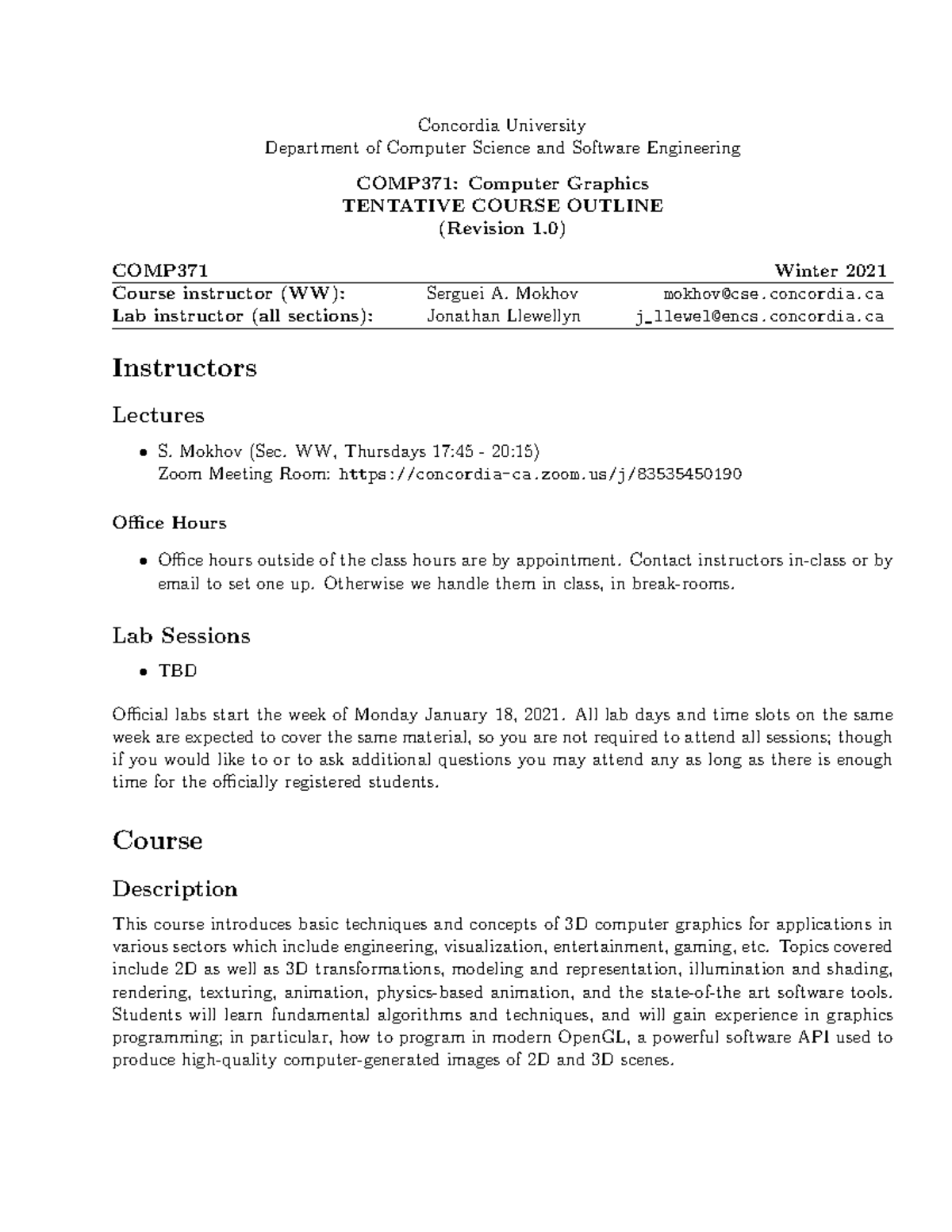 Comp371 w21 outline - Concordia University Department of Computer ...