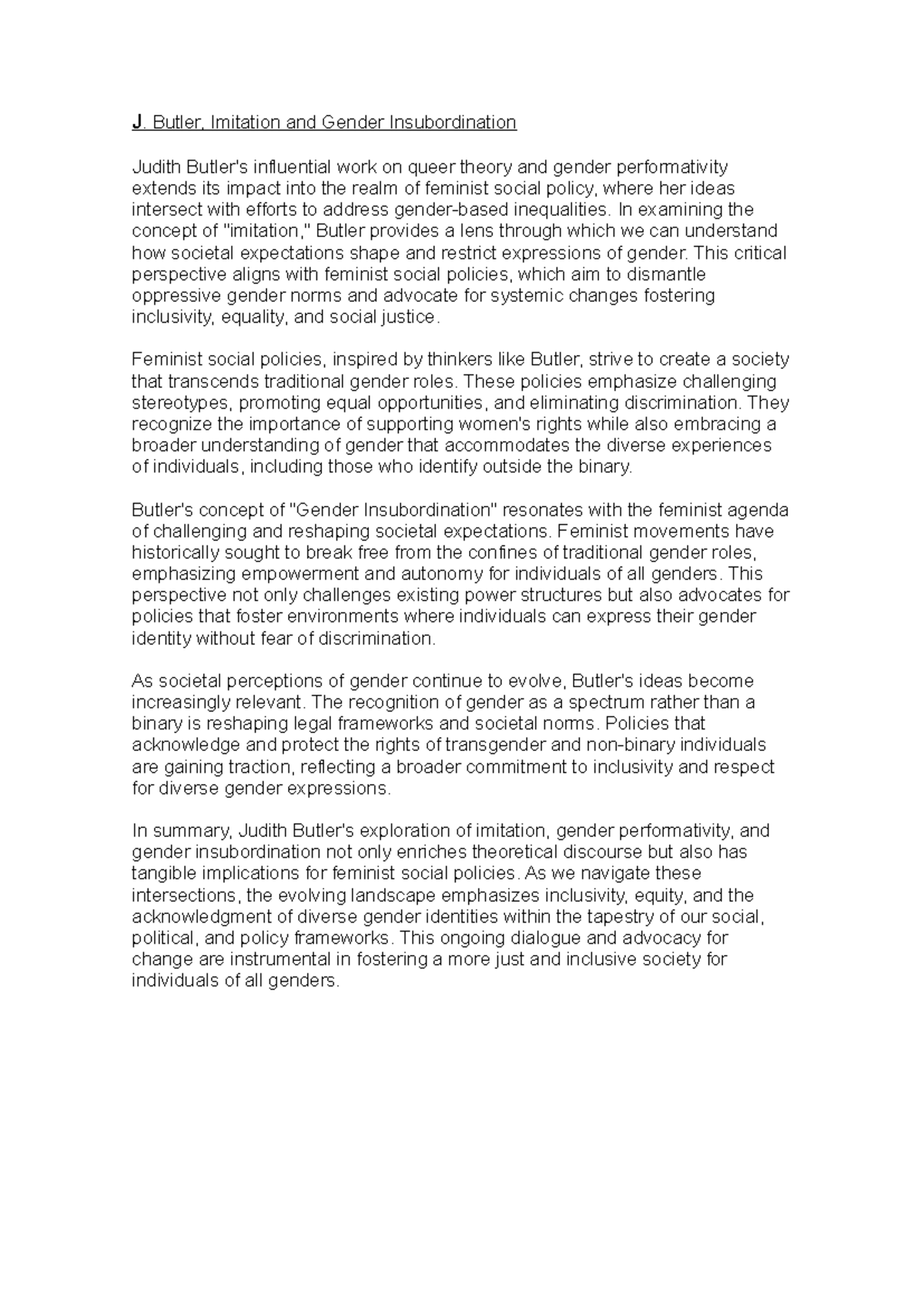 Trabajo Natalia - Summary of reading J. Butler, Imitation and Gender ...