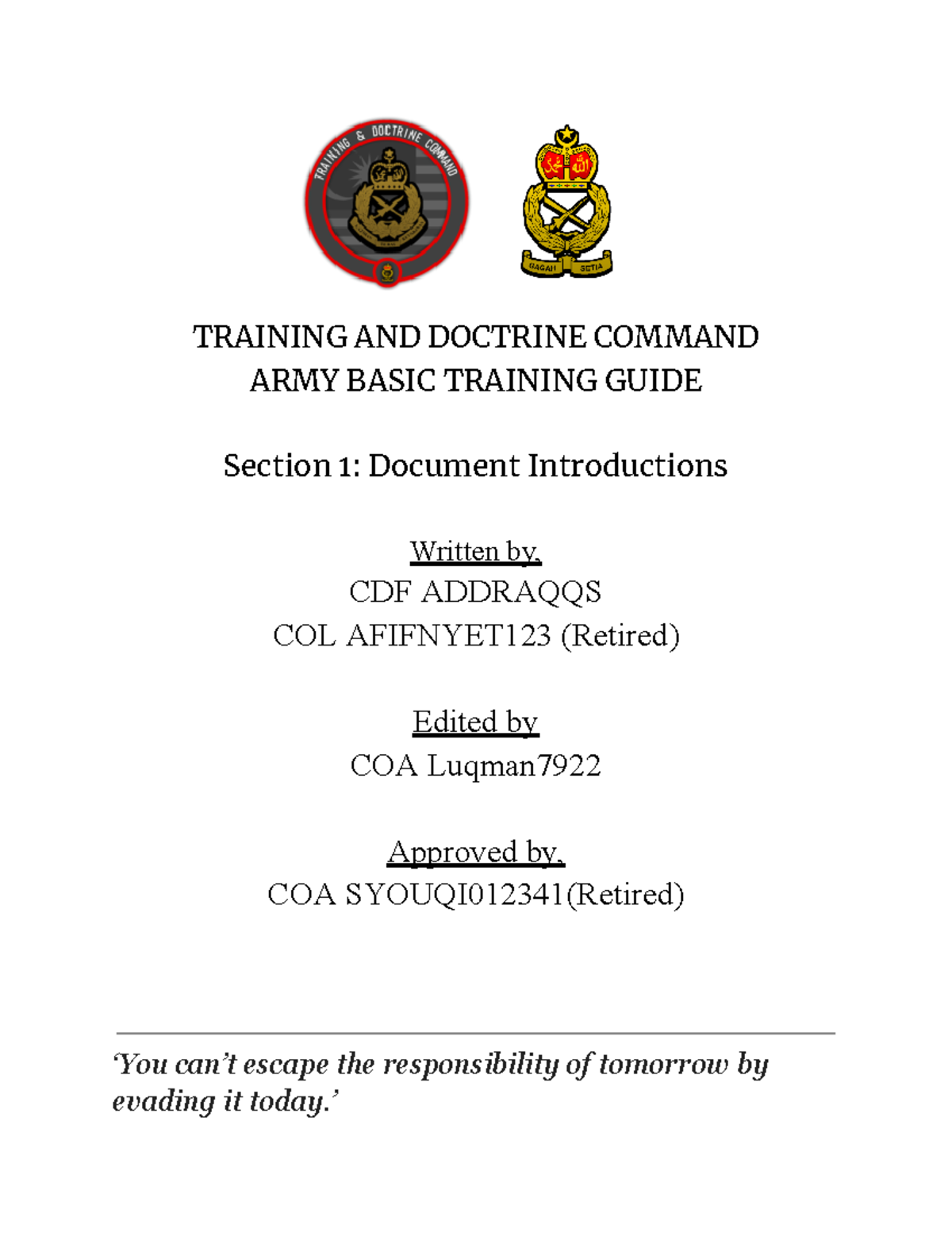 GUIDE FOR MILITARY - TRAINING AND DOCTRINE COMMAND ARMY BASIC TRAINING ...