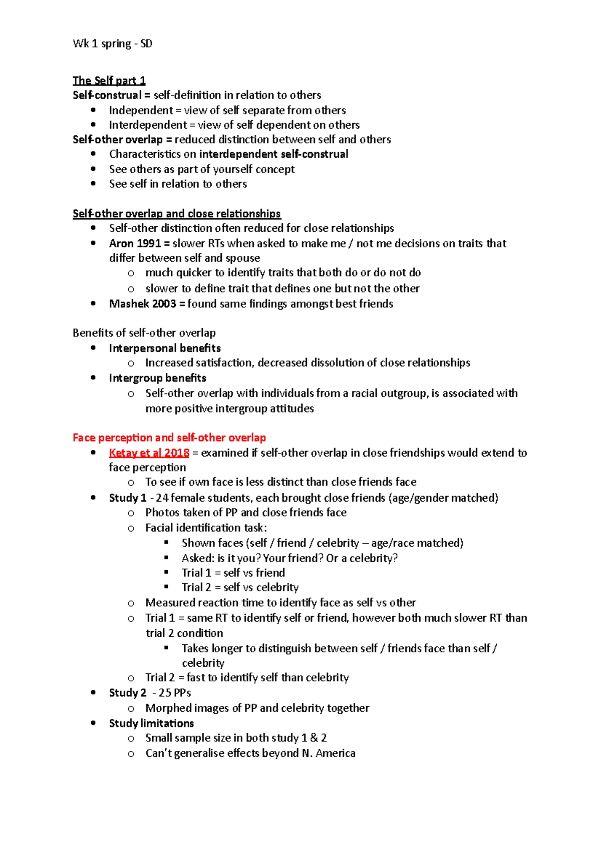 Wk 1 spring - SD - PY2SID revision notes - The Self part 1 Self ...