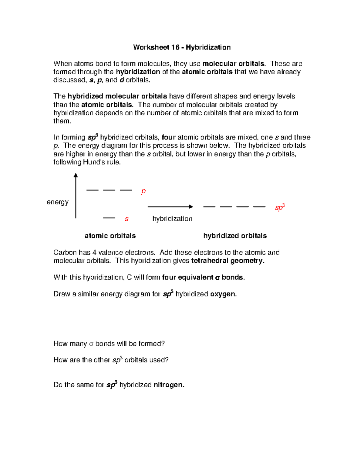 Chapter 4 - Hybridization worksheet - Worksheet 16 - Hybridization When ...