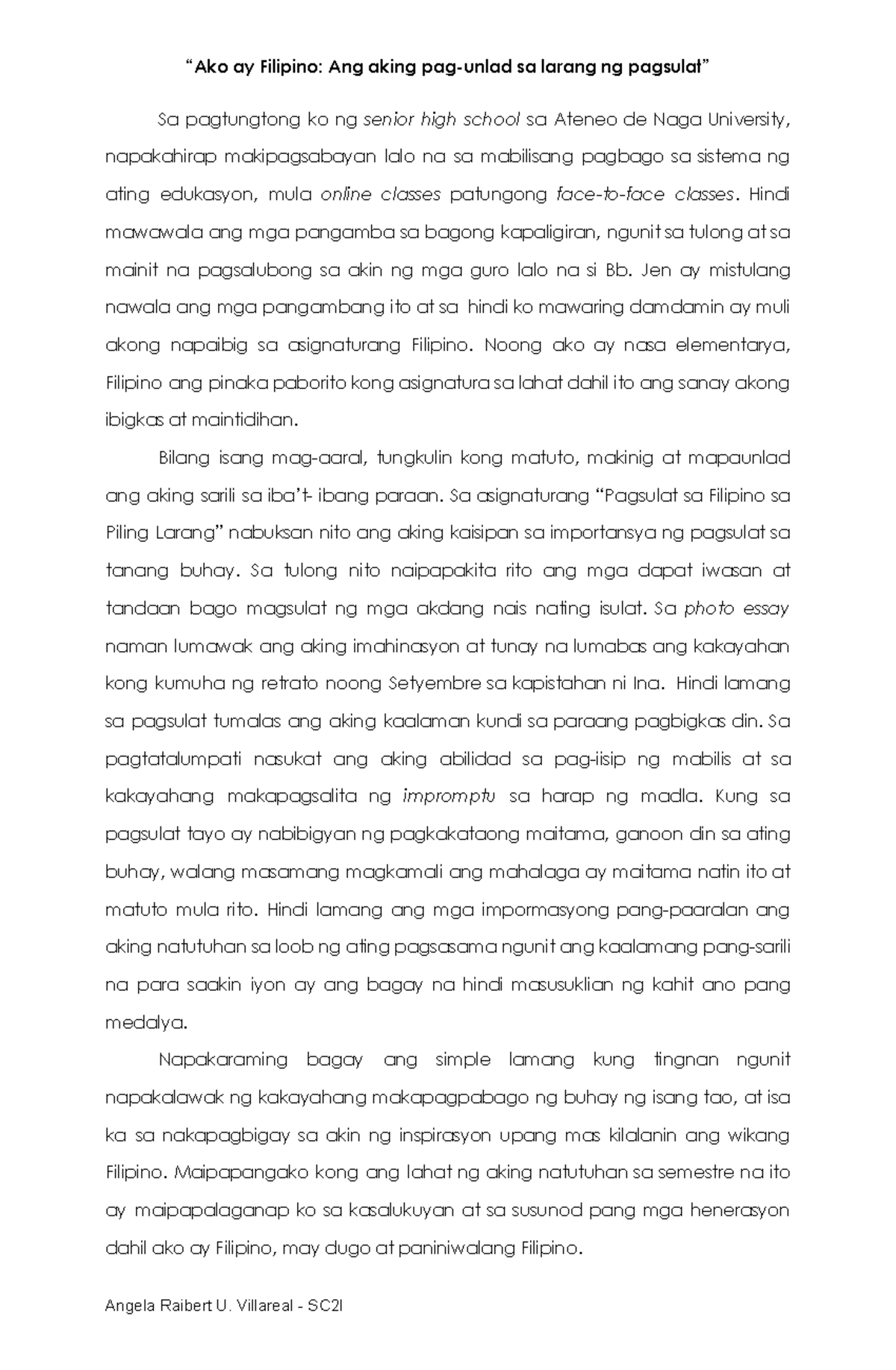 Copy of Repleksiyong Papel - “Ako ay Filipino: Ang aking pag-unlad sa ...