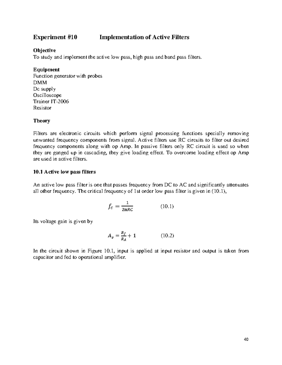 Active Filters- Op-Amp - Experiment #10 Implementation of Active ...