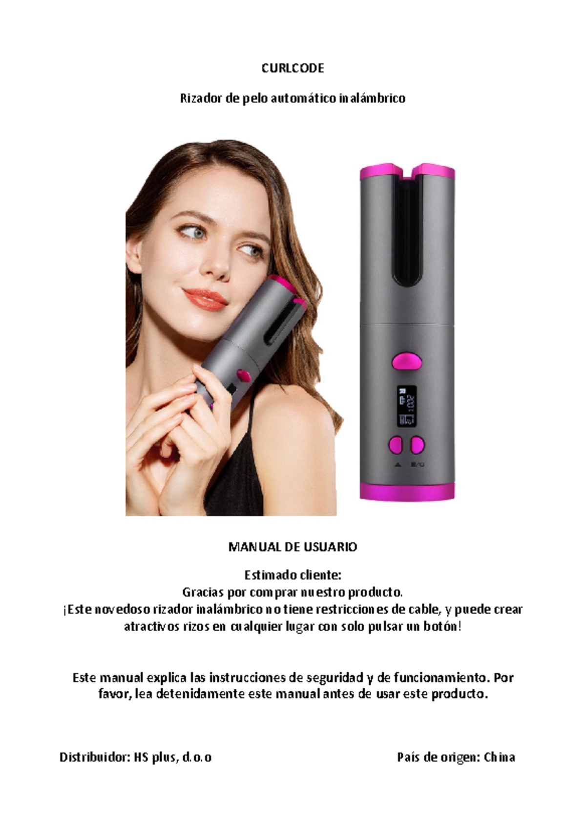 Curlcode ES - CURLCODE Rizador de pelo automático inalámbrico MANUAL DE USUARIO Estimado cliente ...