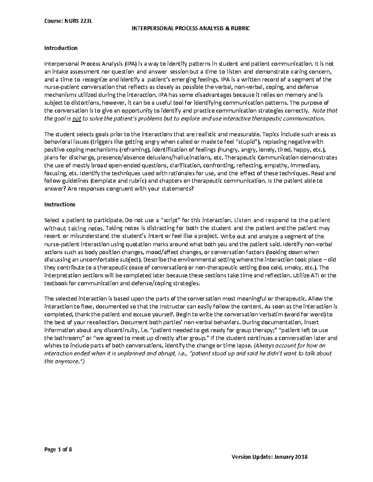Interpersonal Process Analysis Instructions & Rubric-1 - Course: NURS 223L INTERPERSONAL PROCESS ...
