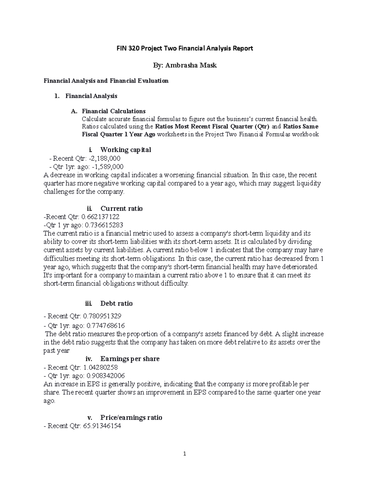 FIN 320 Project 2 Financial Analysis Report - FIN 320 Project Two ...