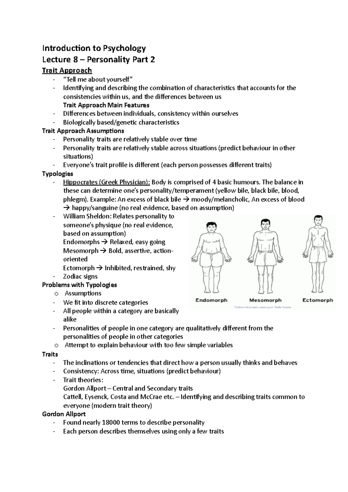 Intro To Psych Lecturetutorial 8 Notes Introduction To Psychology Lecture 8 Personality