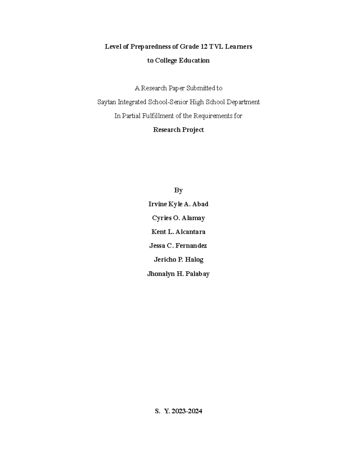 Cyries Research Project 1 - Level of Preparedness of Grade 12 TVL ...