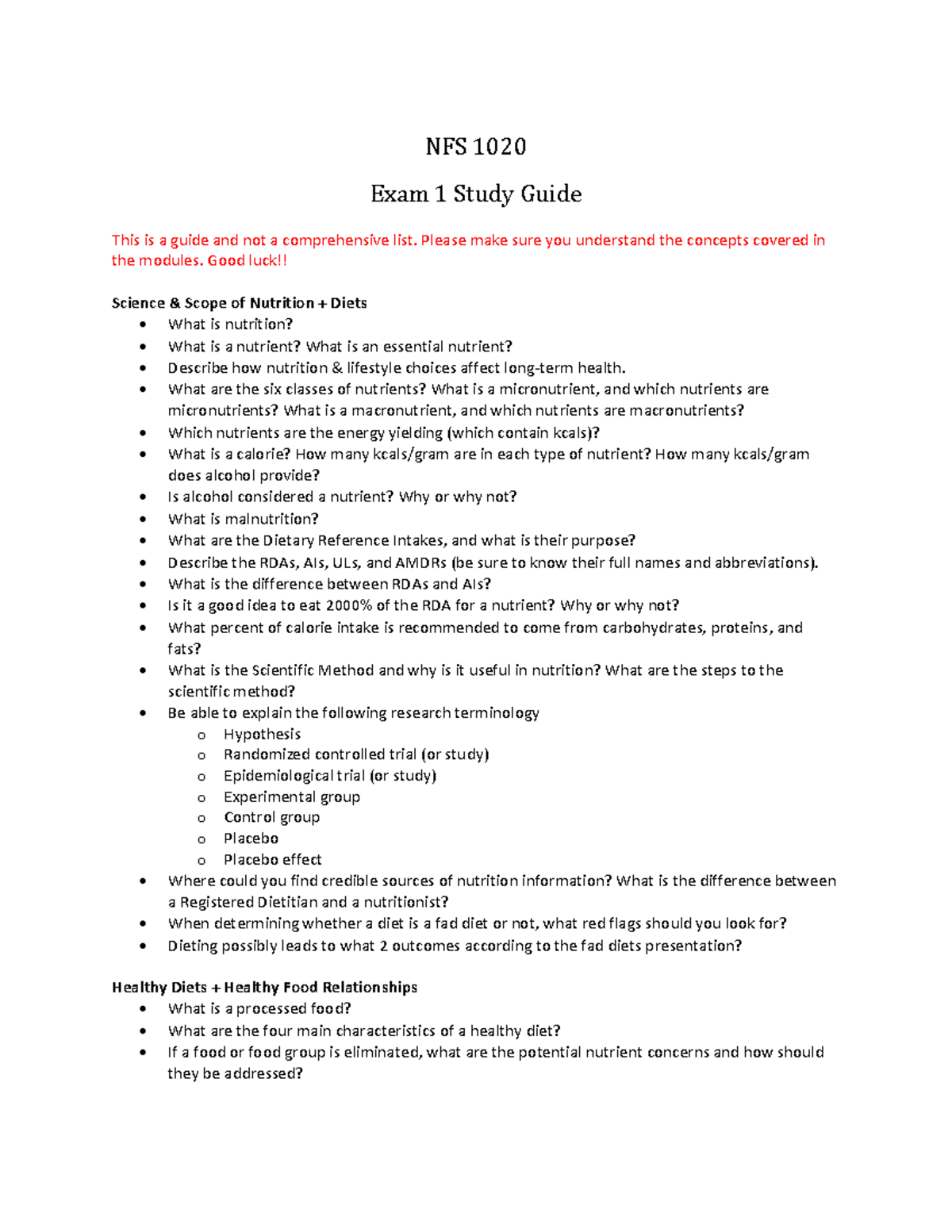 NFS 1020 Exam 1 Study Guide - NFS 1020 Exam 1 Study Guide This is a ...