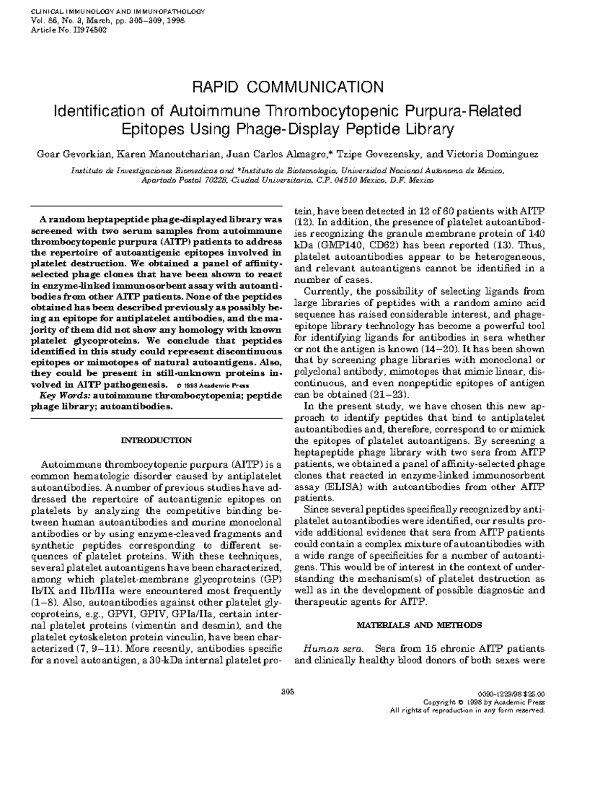 1998 Gevorkian Autoinmune - CLINICAL IMMUNOLOGY AND IMMUNOPATHOLOGY Vol ...